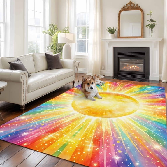 Colorful Sun Washable Area Rug 5x7 Cartoon Watercolor Red Yellow Blue ...