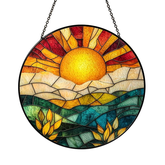 Colorful Sunrise Mountain Suncatcher, Stained Glass Look Window Art for ...