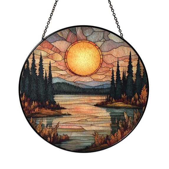 Colorful Sunset Forest Stained Glass Suncatcher Window Decor, Scenic ...