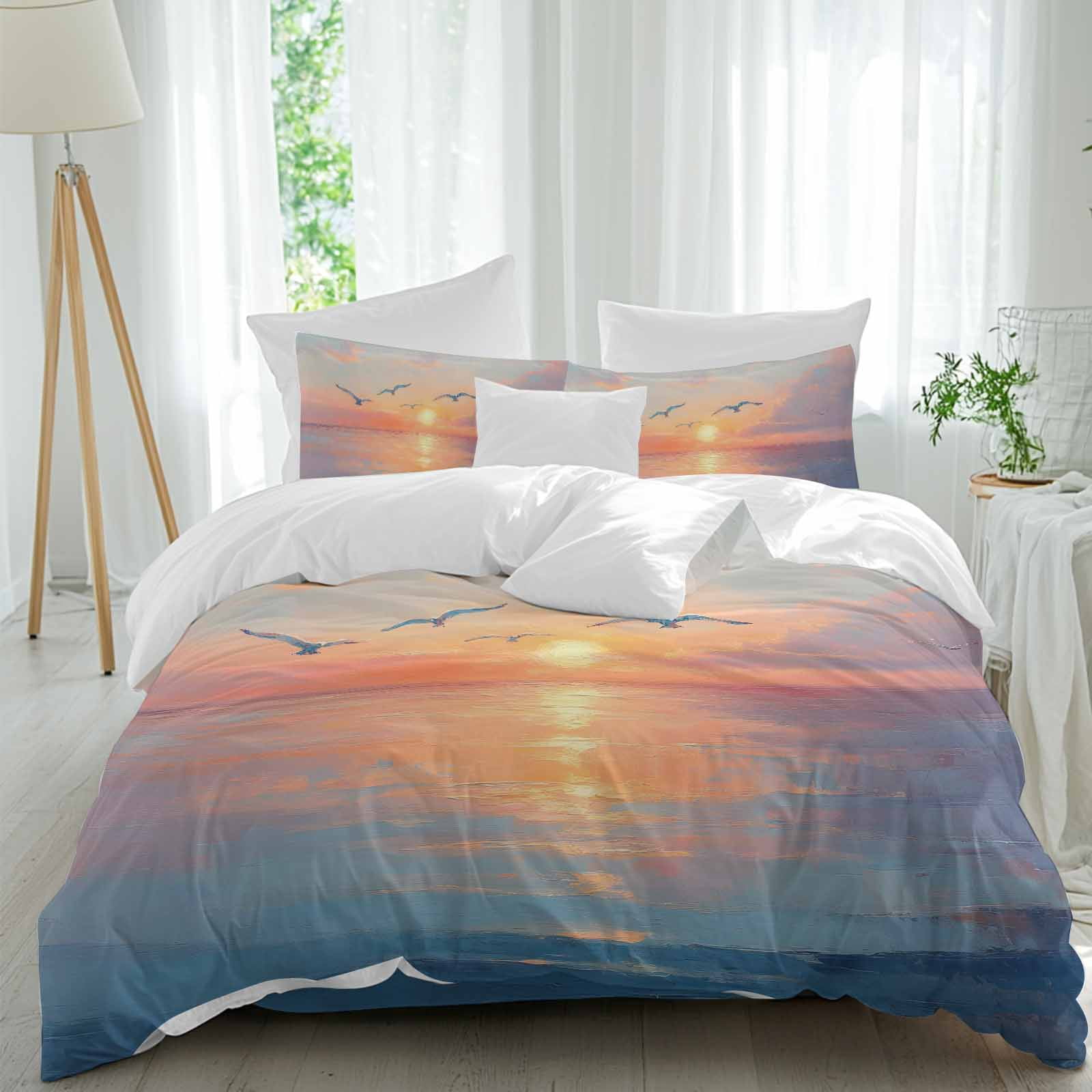 Colorful Sunset Full Size Comforter Set, Ocean Seagull Oil Painting ...