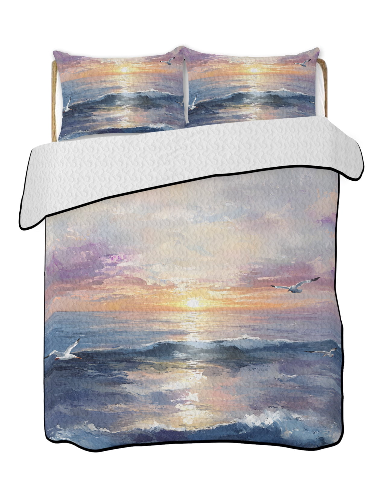 Colorful Sunset Quilts Bedding Set Full Size Ocean Seagull Cloudy Sky ...