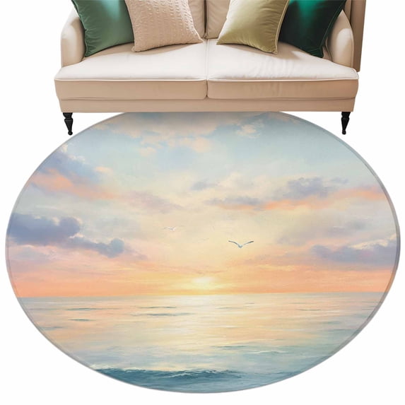 Colorful Sunset Round Area Rug 5 ft Ocean Seagull Blue Cloudy Sky ...