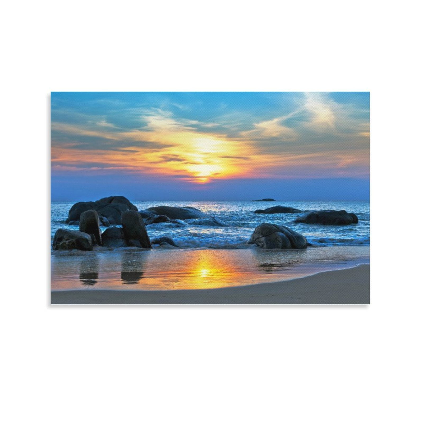 Colorful Sunset Scenery in A Sandy Beach with Shore Rocks And Waves ...