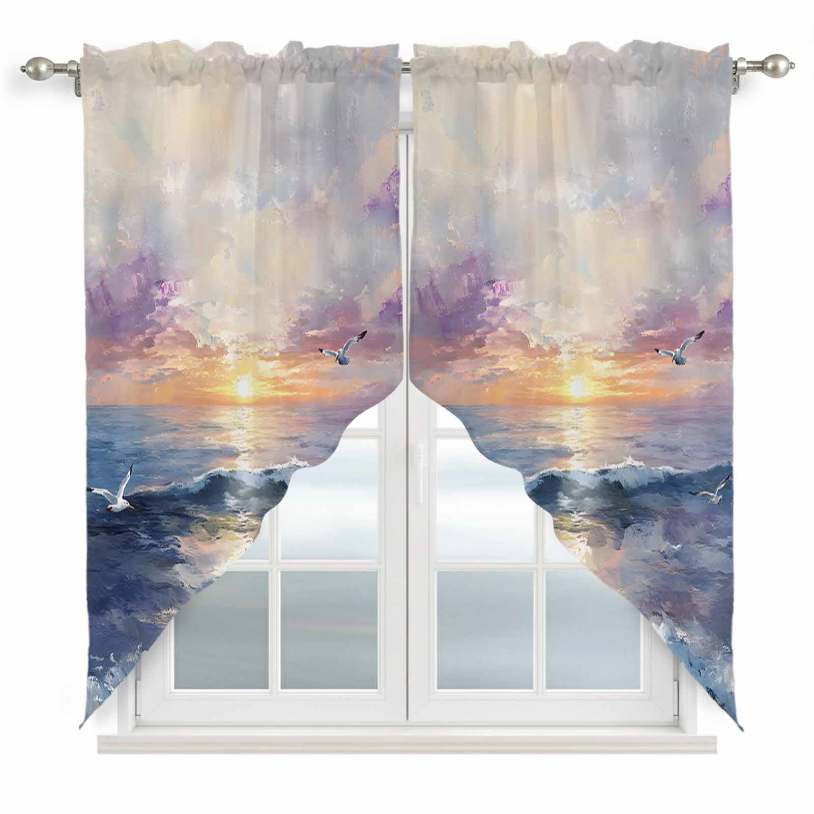 Colorful Sunset Swag Curtain Valance for Window 2 Panels Ocean Seagull ...