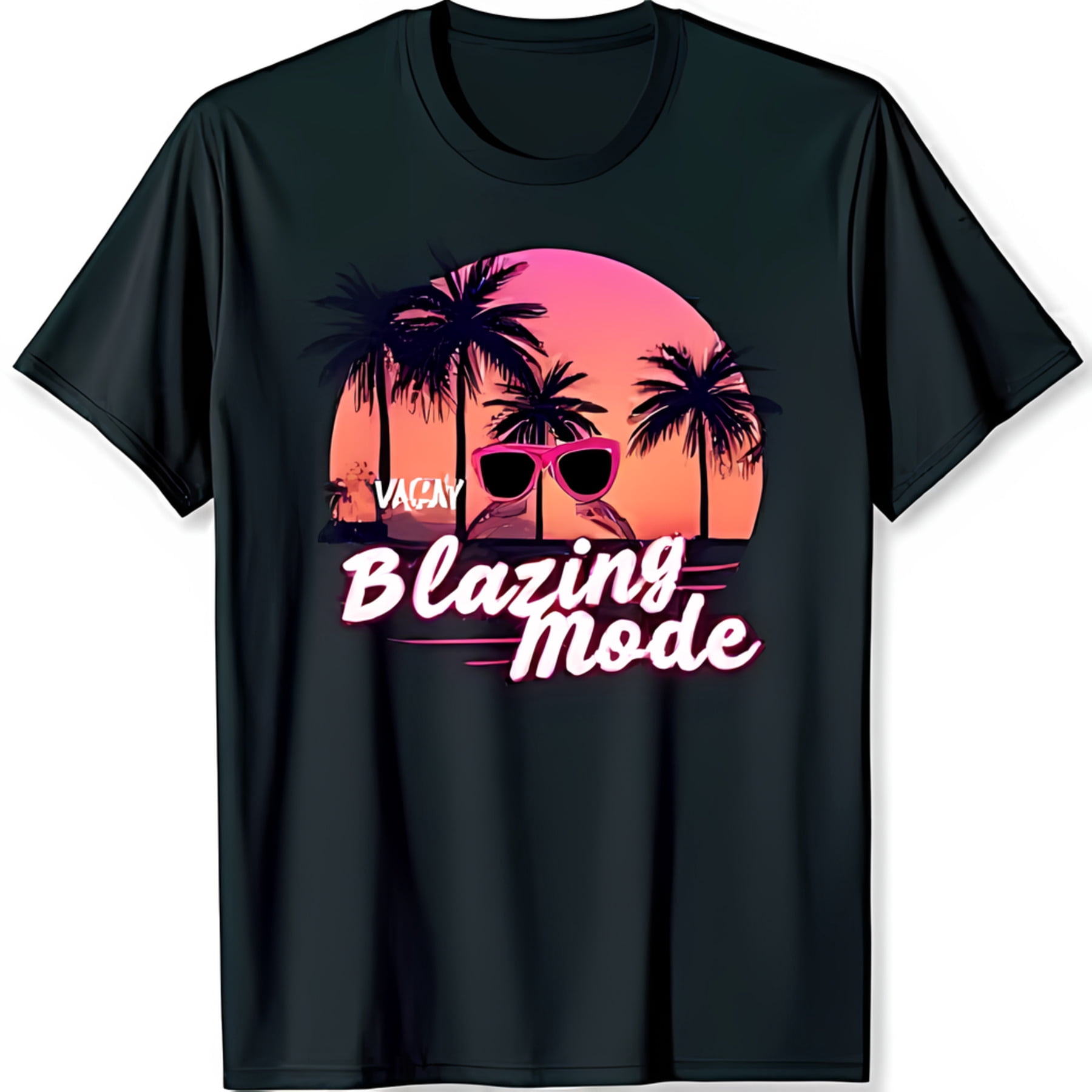 Colorful Sunset Trees Graphic Black T-Shirt 'Vacay Blazing Mode' Retro ...