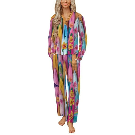Colorful Surfboards Waikiki Ride Aloha Womens Pyjamas Set Button Up ...