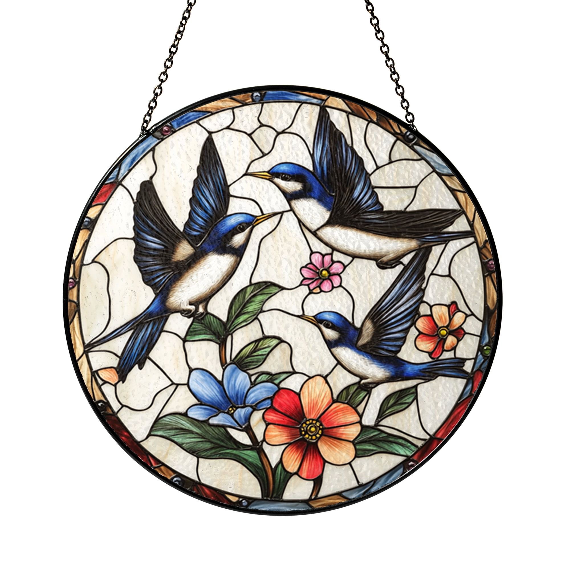 Colorful Swallow Birds Floral Scene Stained Glass Style Suncatcher ...
