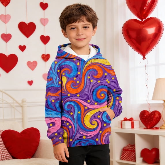 Colorful Swirl Print Girls Hoodie, Soft Stretch Pullover with Pocket ...