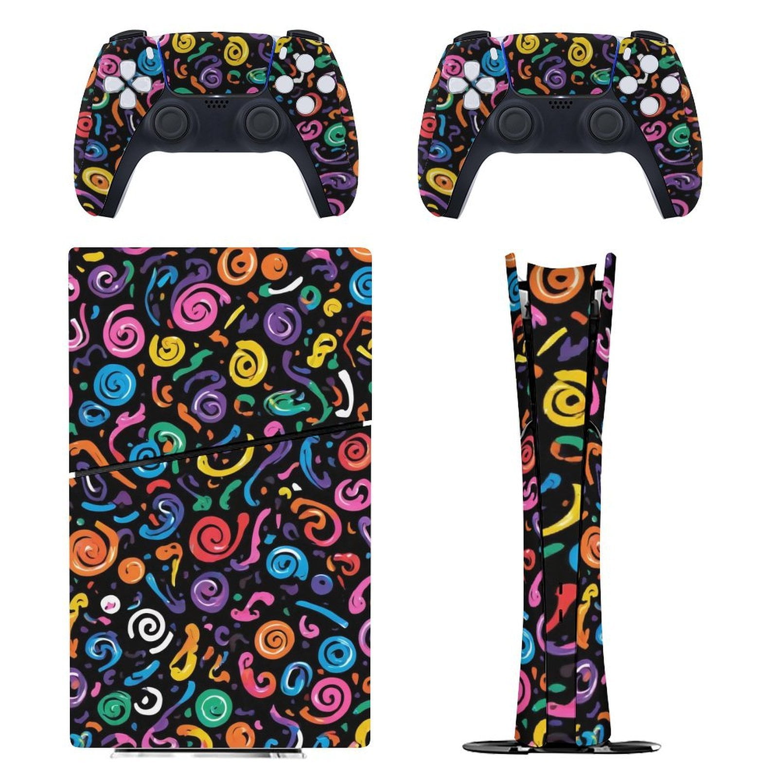 Colorful Swirls Confetti Console Skin Bundle for PS5 Pro Slim Disc ...
