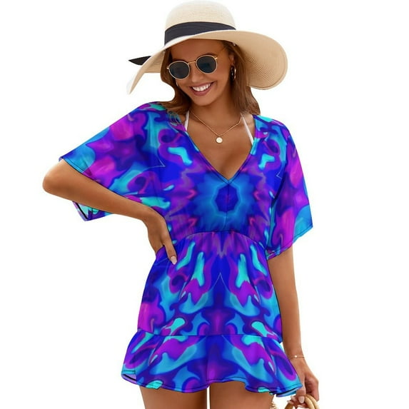 Colorful Symmetrical Psychedelic Pattern Beach Cover Ups Women V Neck ...
