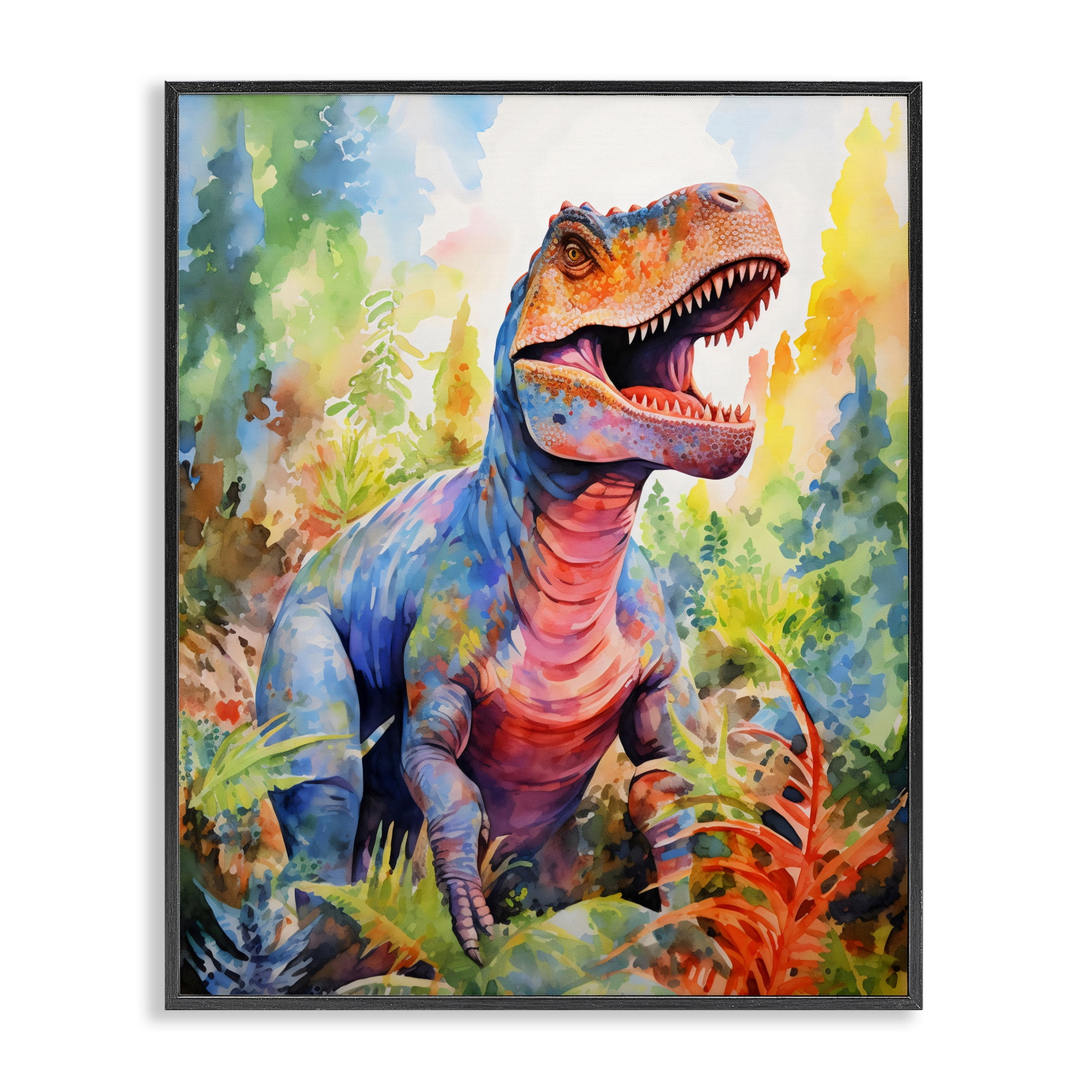 Stupell Industries Colorful T-Rex Dinosaur in Jungle Black Framed ...
