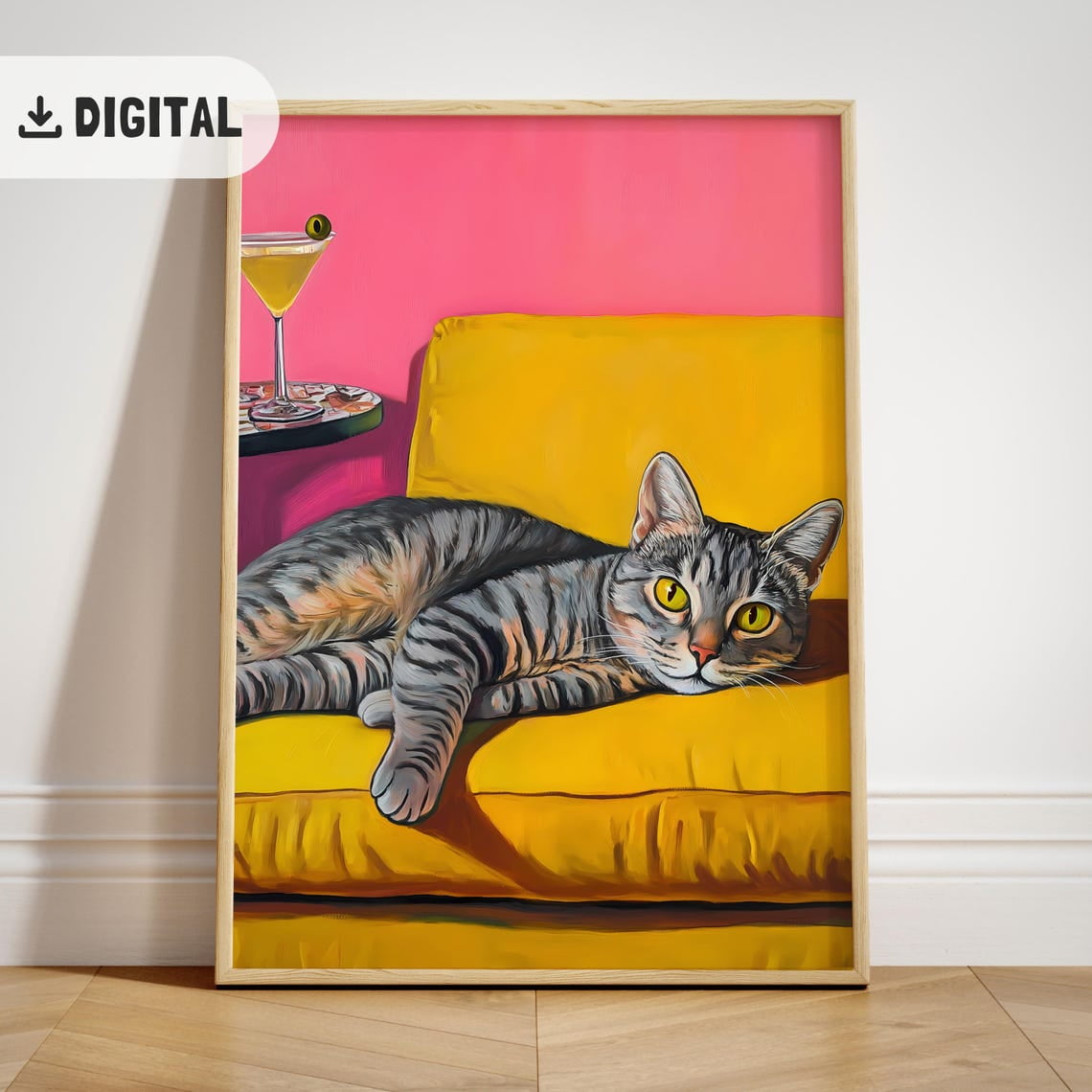 Colorful Tabby Cat On Couch Art Poster Trendy Cat With Martini Quirky ...