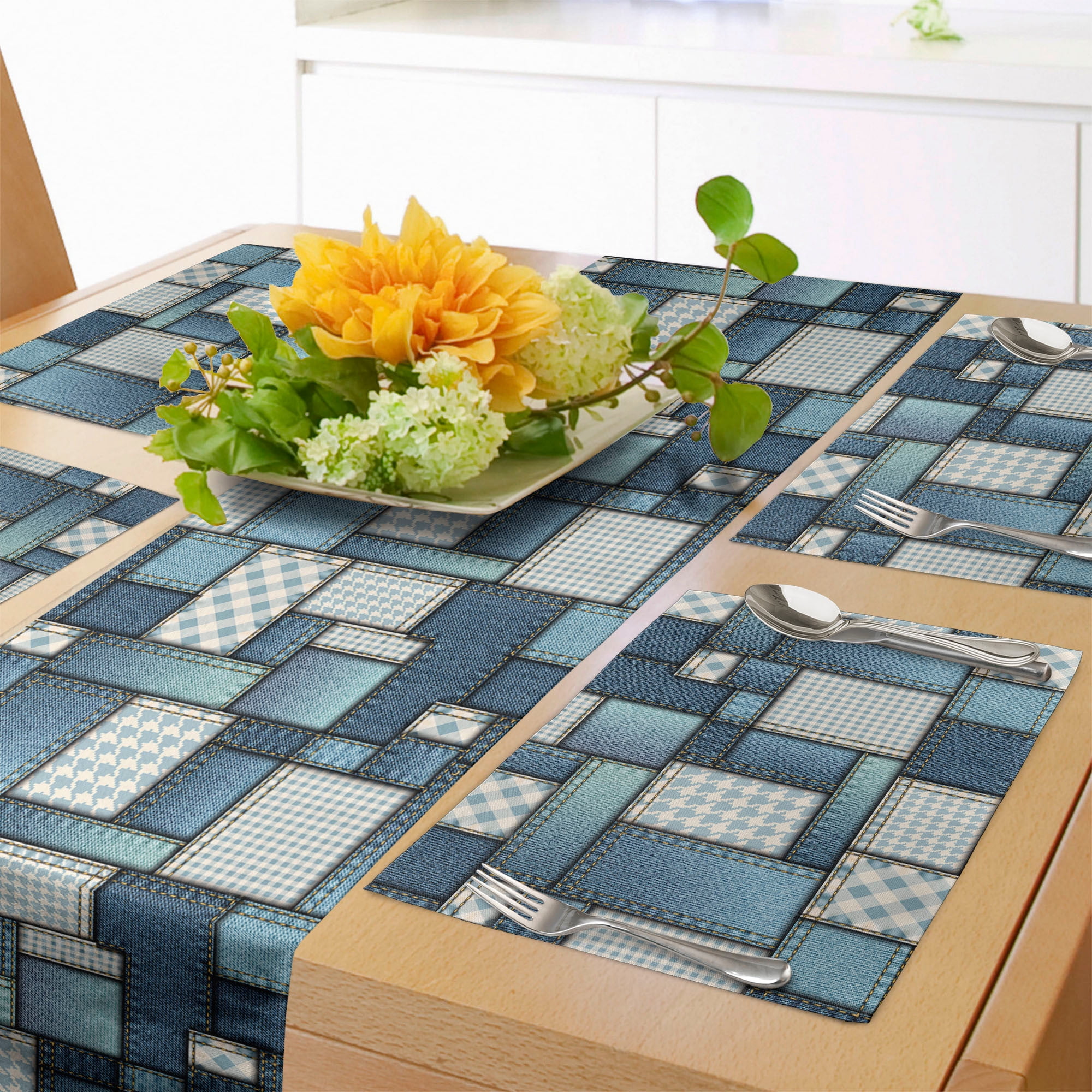 Colorful Table Runner & Placemats, Denim Motif Background with Several ...