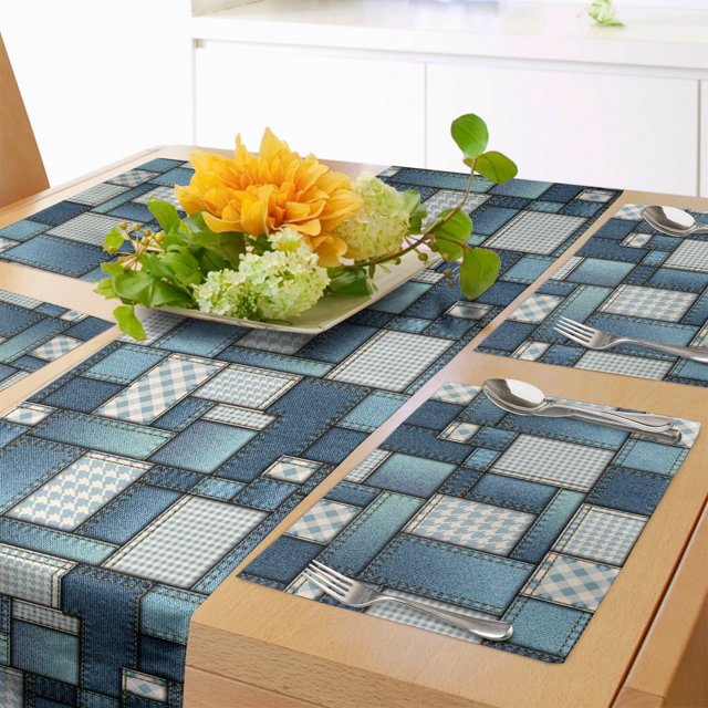 Colorful Table Runner & Placemats, Denim Motif Background with Several ...