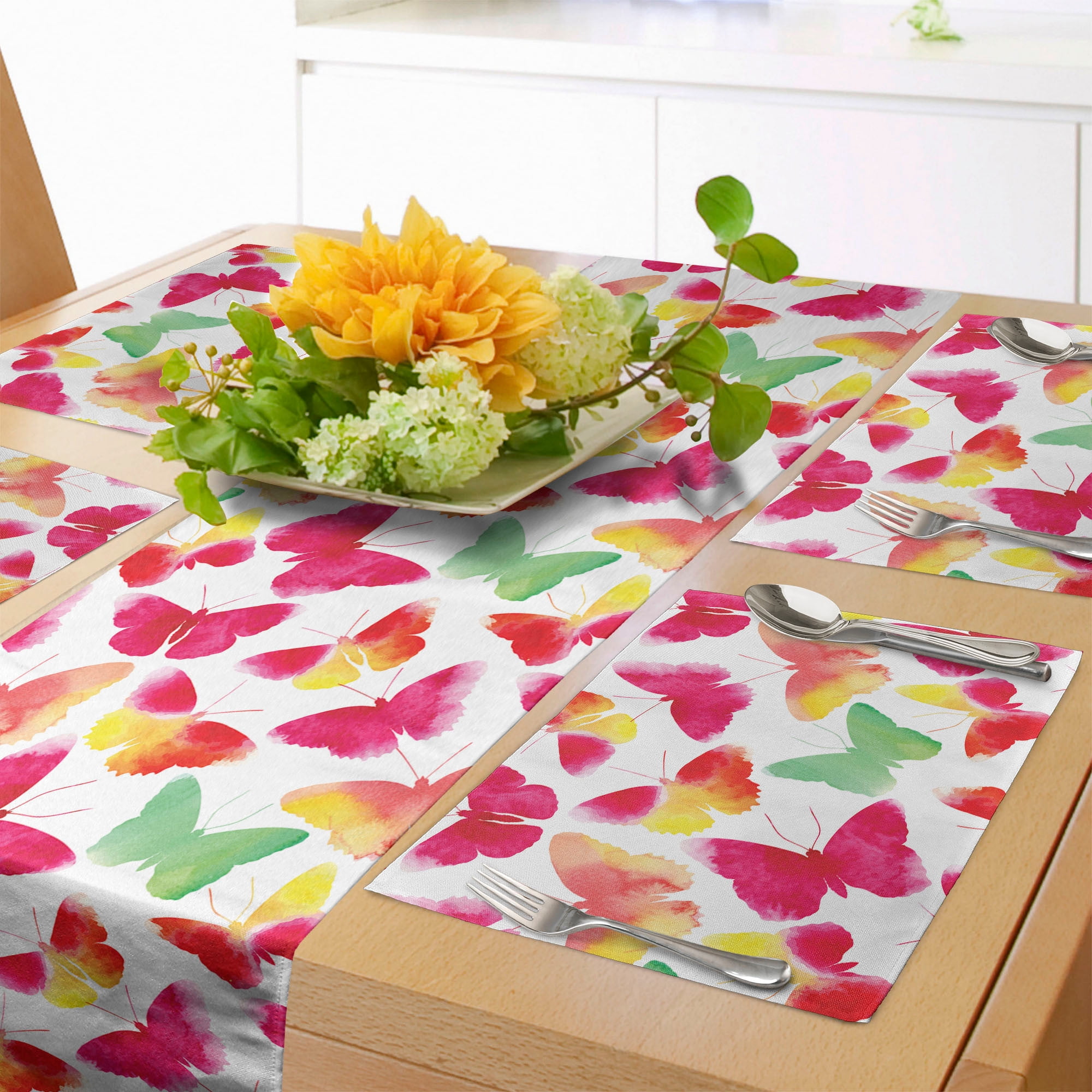 Colorful Table Runner & Placemats, Watercolor Butterflies with Large ...