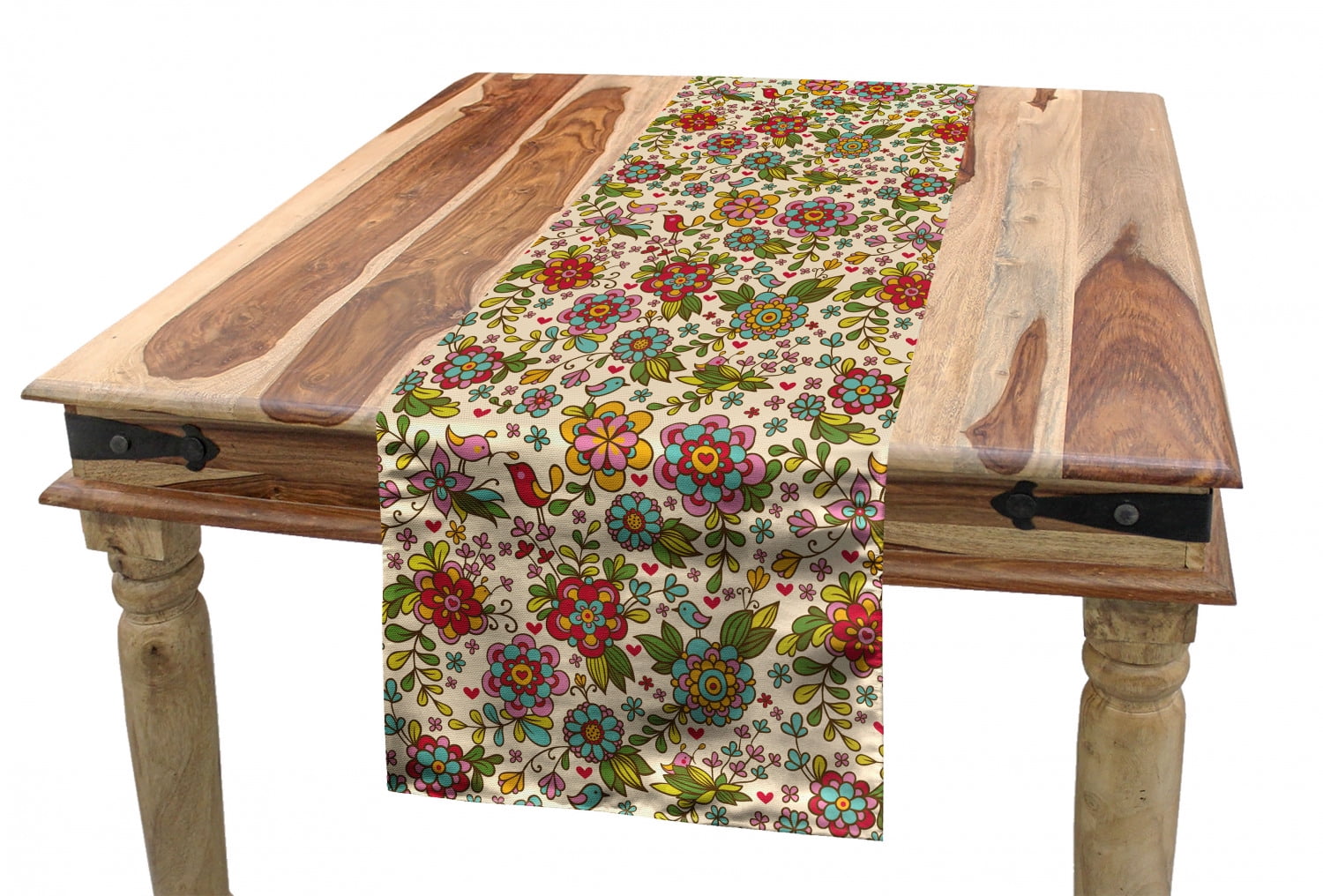 Colorful Table Runner, Vintage Flowers and Birds Spring Season Flora ...
