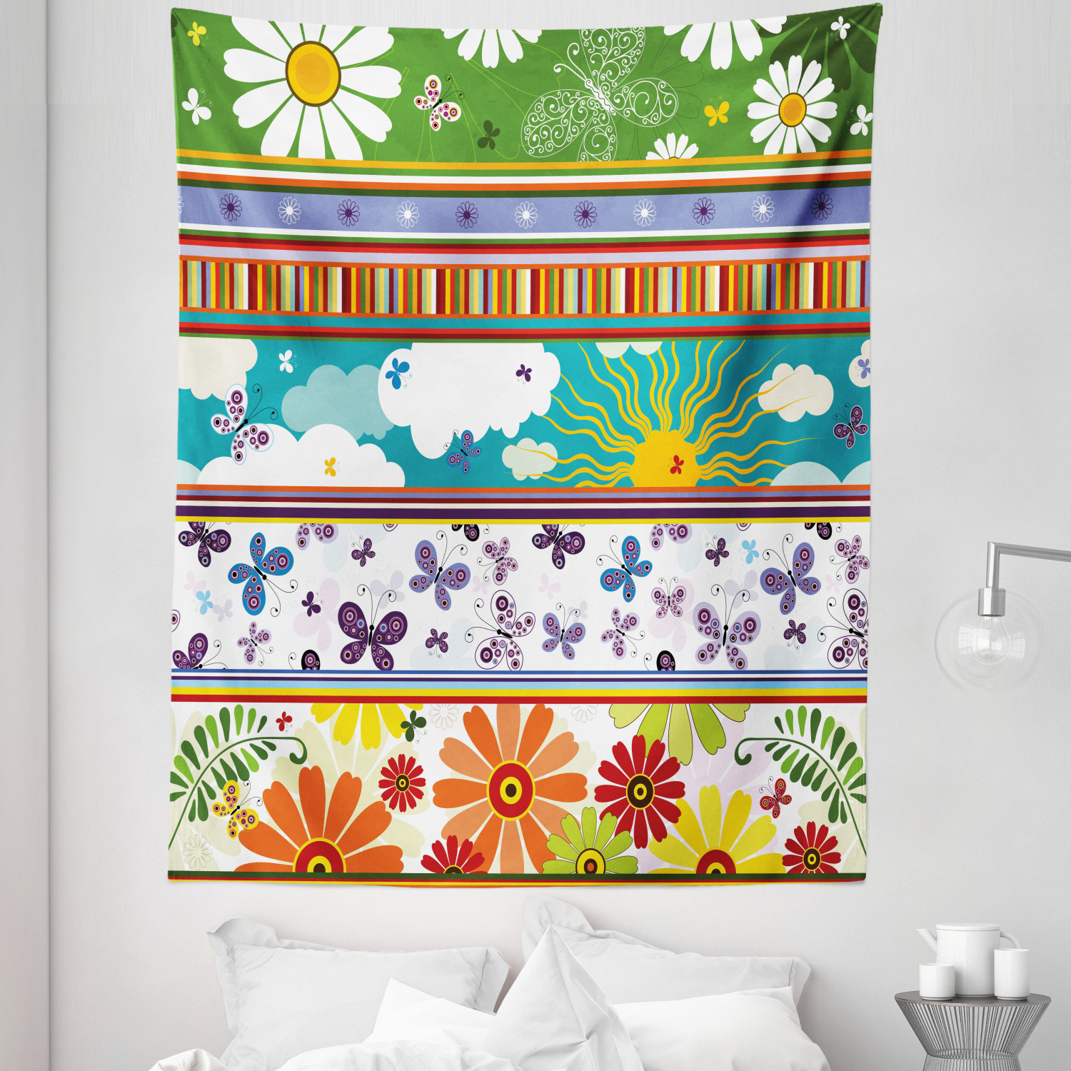 Colorful Tapestry, Colorful Striped Daisy Flowers Butterflies Sun ...