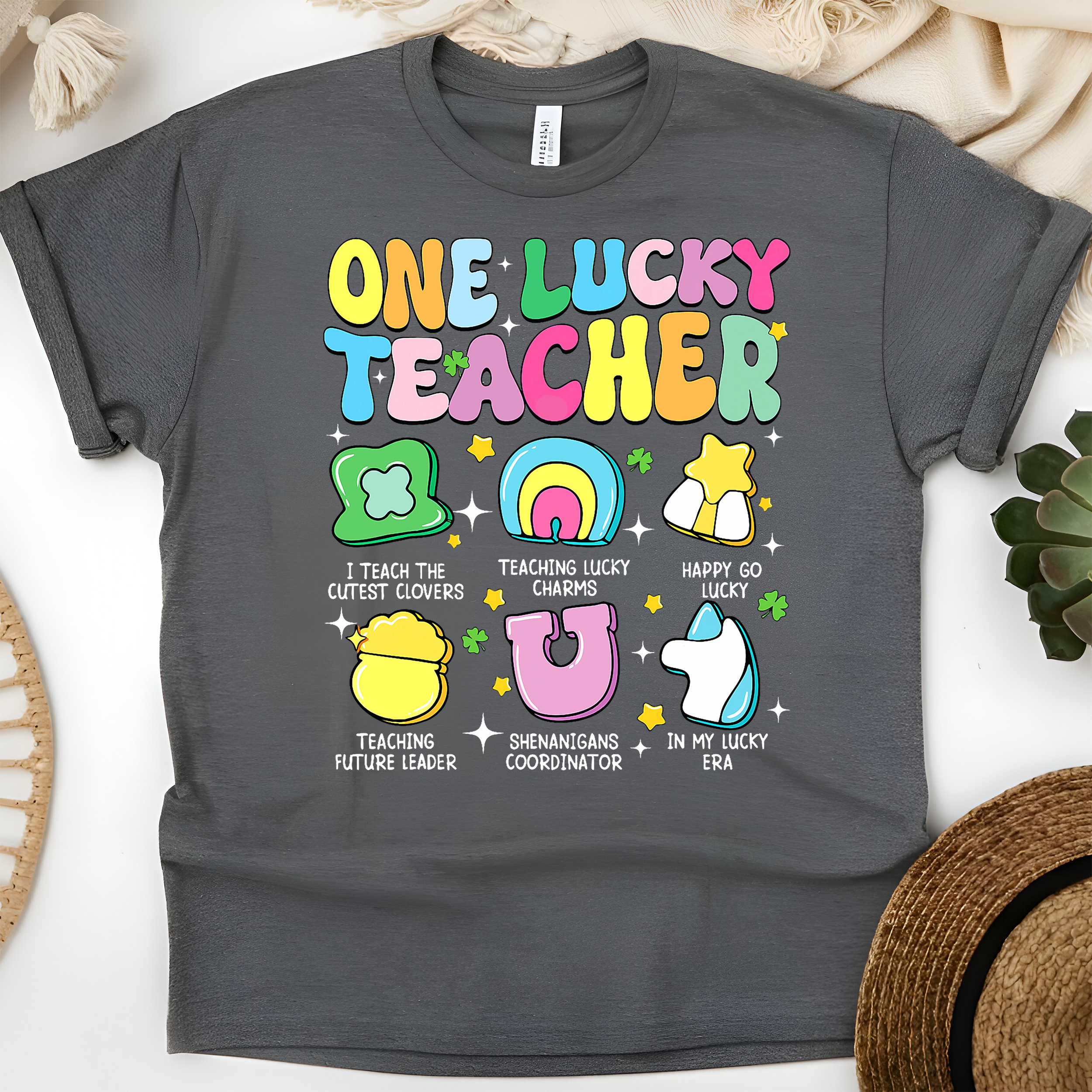 Colorful Teacher Graphic T-Shirt | One Lucky Educator Clover Charm Tee ...