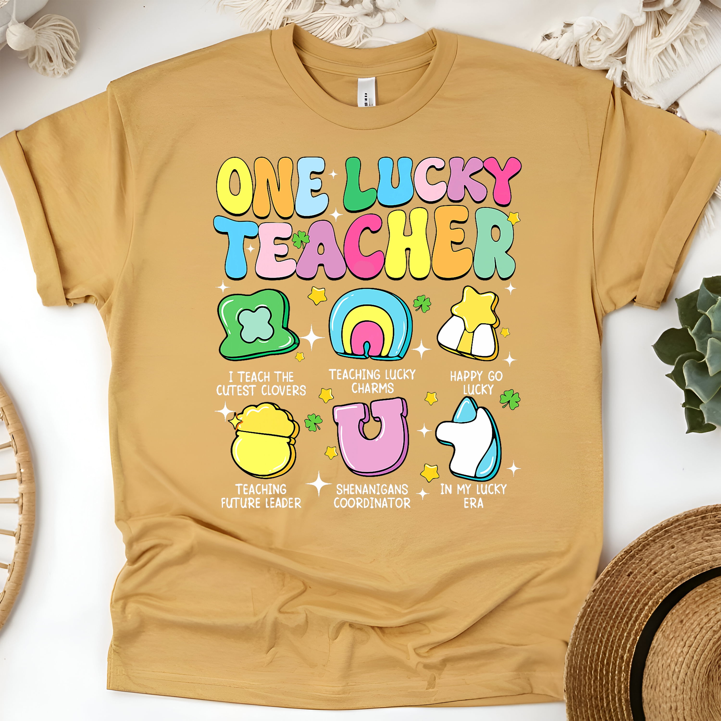 Colorful Teacher Graphic T-Shirt | One Lucky Educator Clover Charm Tee ...