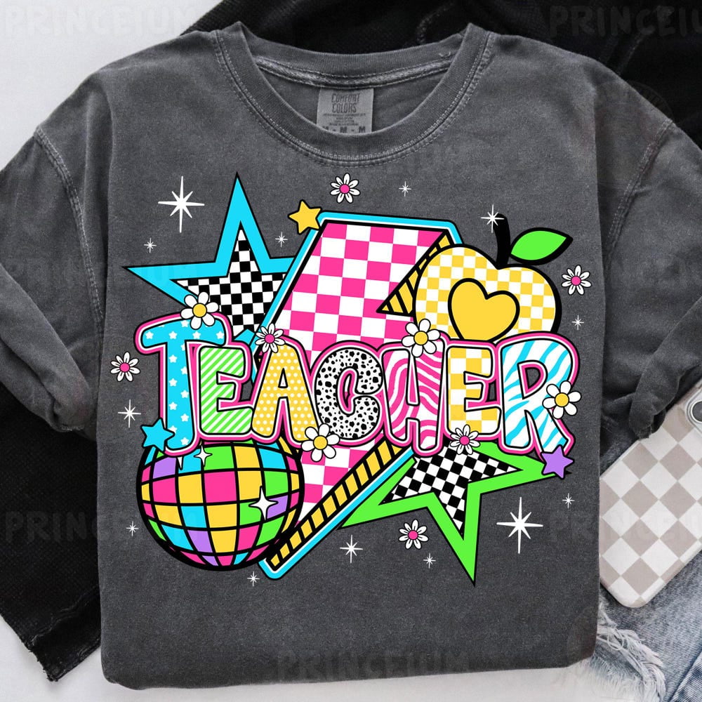 Colorful Teacher Shirt, Retro Back To School, Neon Checkered Shirt With ...