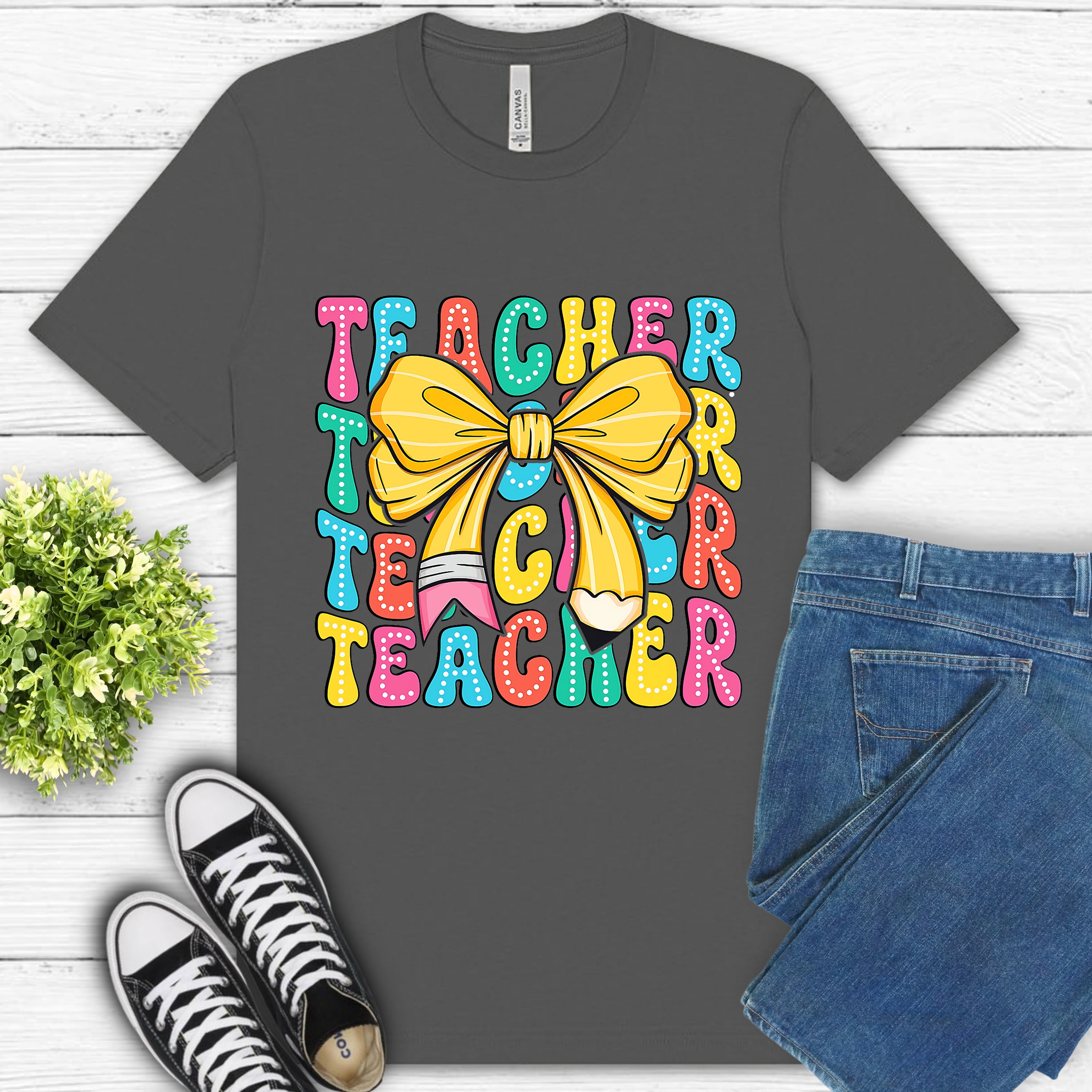 Colorful Teacher Shirt – Yellow Bow First Day of School Graphic Tee ...