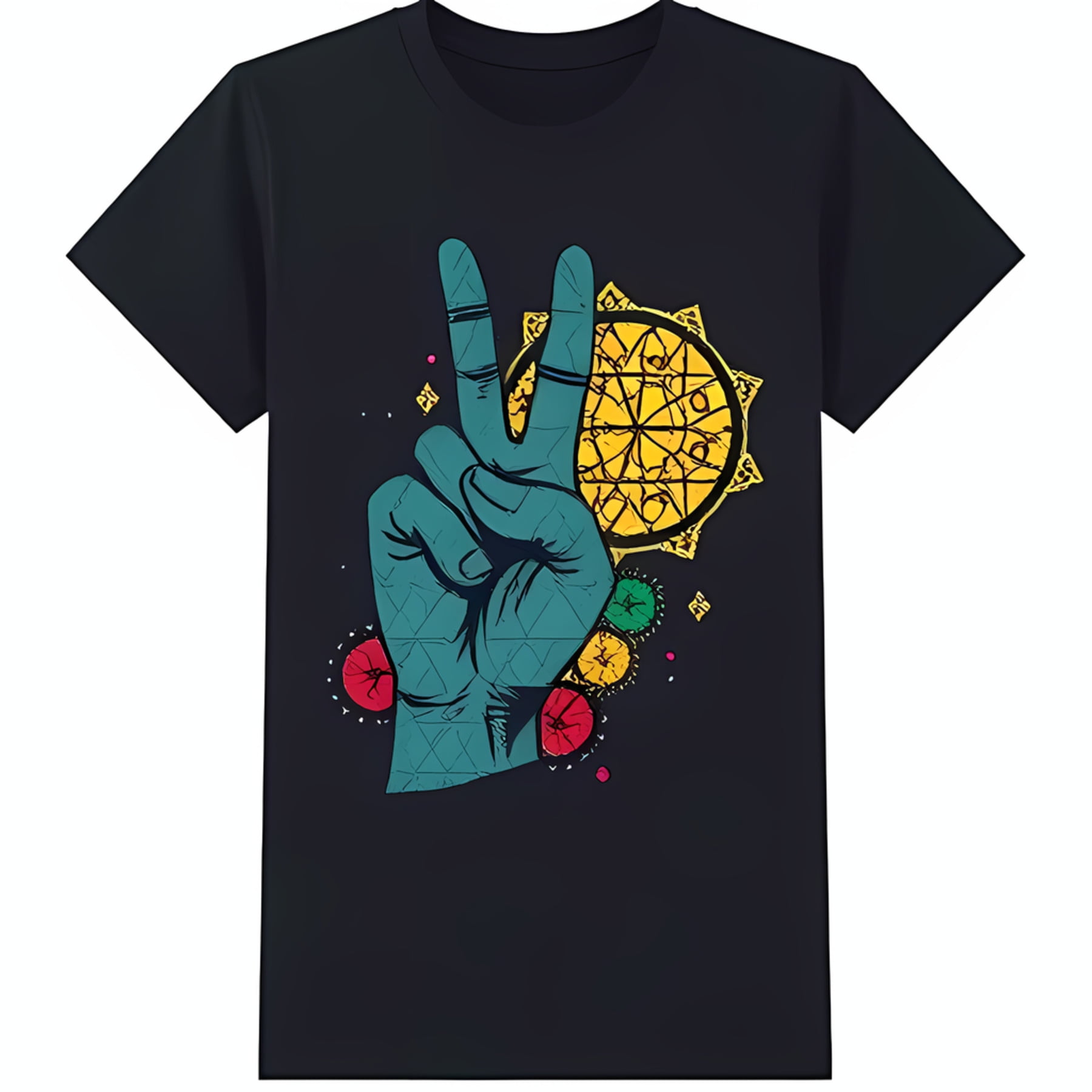 Colorful Teal Peace Sign Design on Blue Background Stylish Black T ...