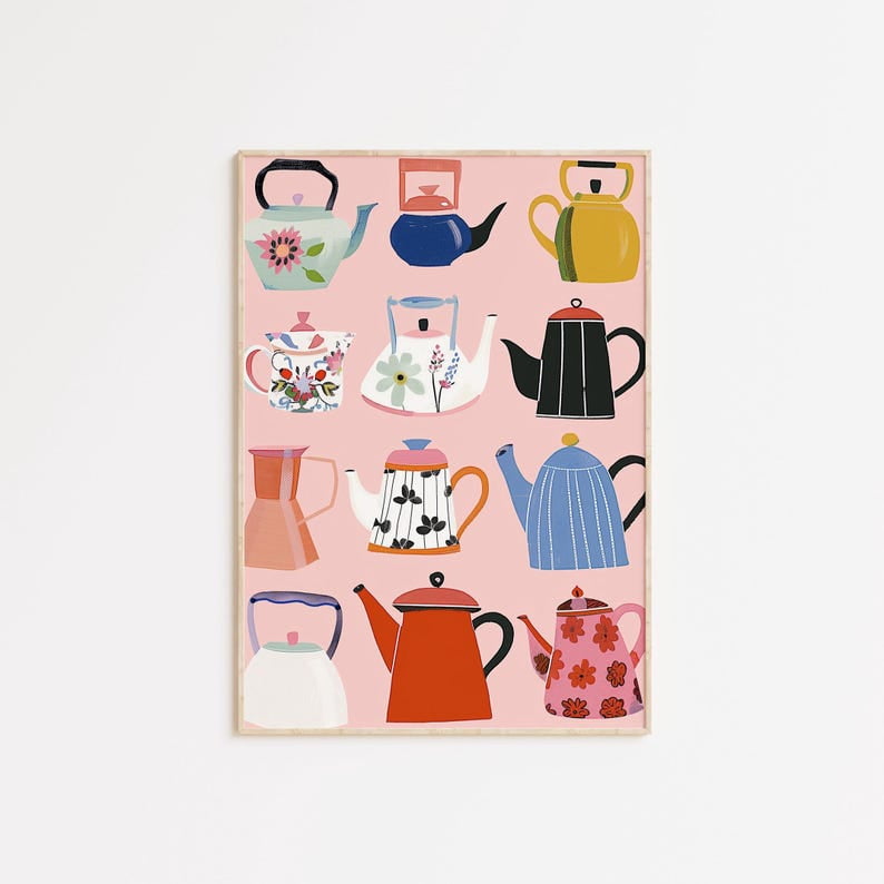 Colorful Teapots Wall Art Print - Retro Kitchen Decor For Tea Lovers ...