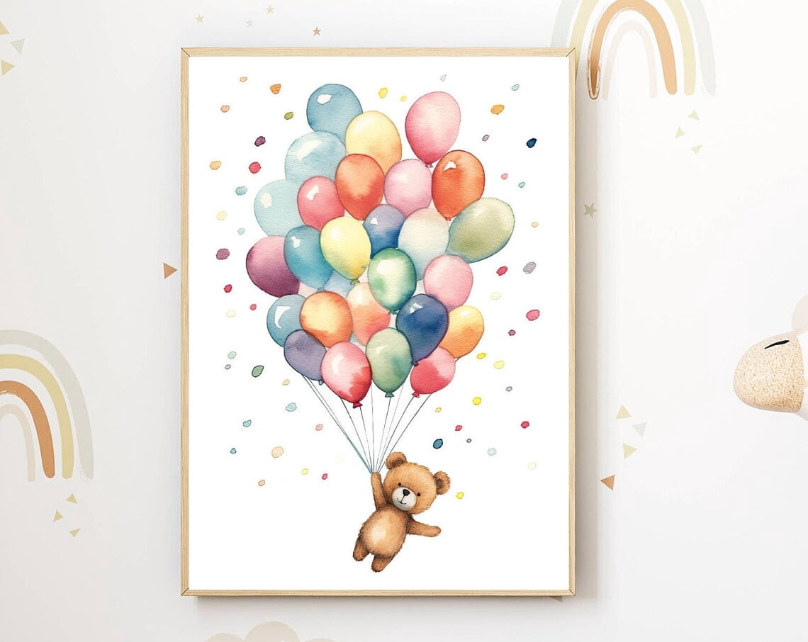 Colorful Teddy Bear Poster For Children'S Rooms Balloon Wall Art Cute ...