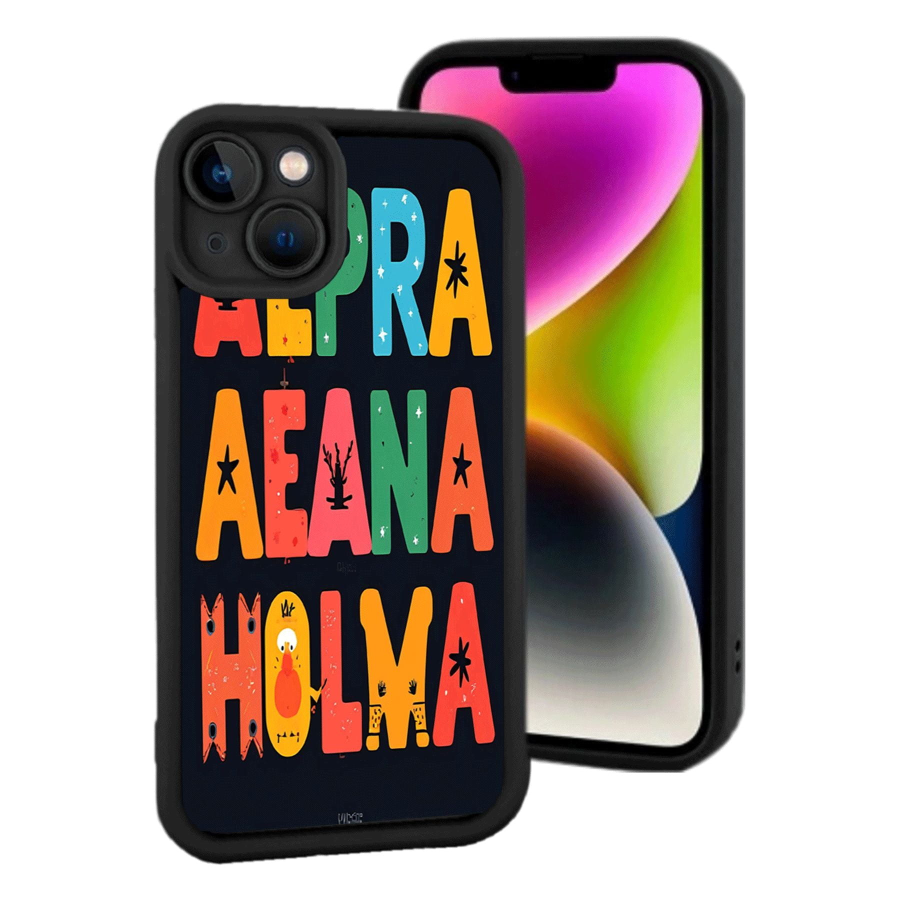 Colorful Text Phone Case for iPhone 15 - " AEANA HOLMA " in Bold Colors ...