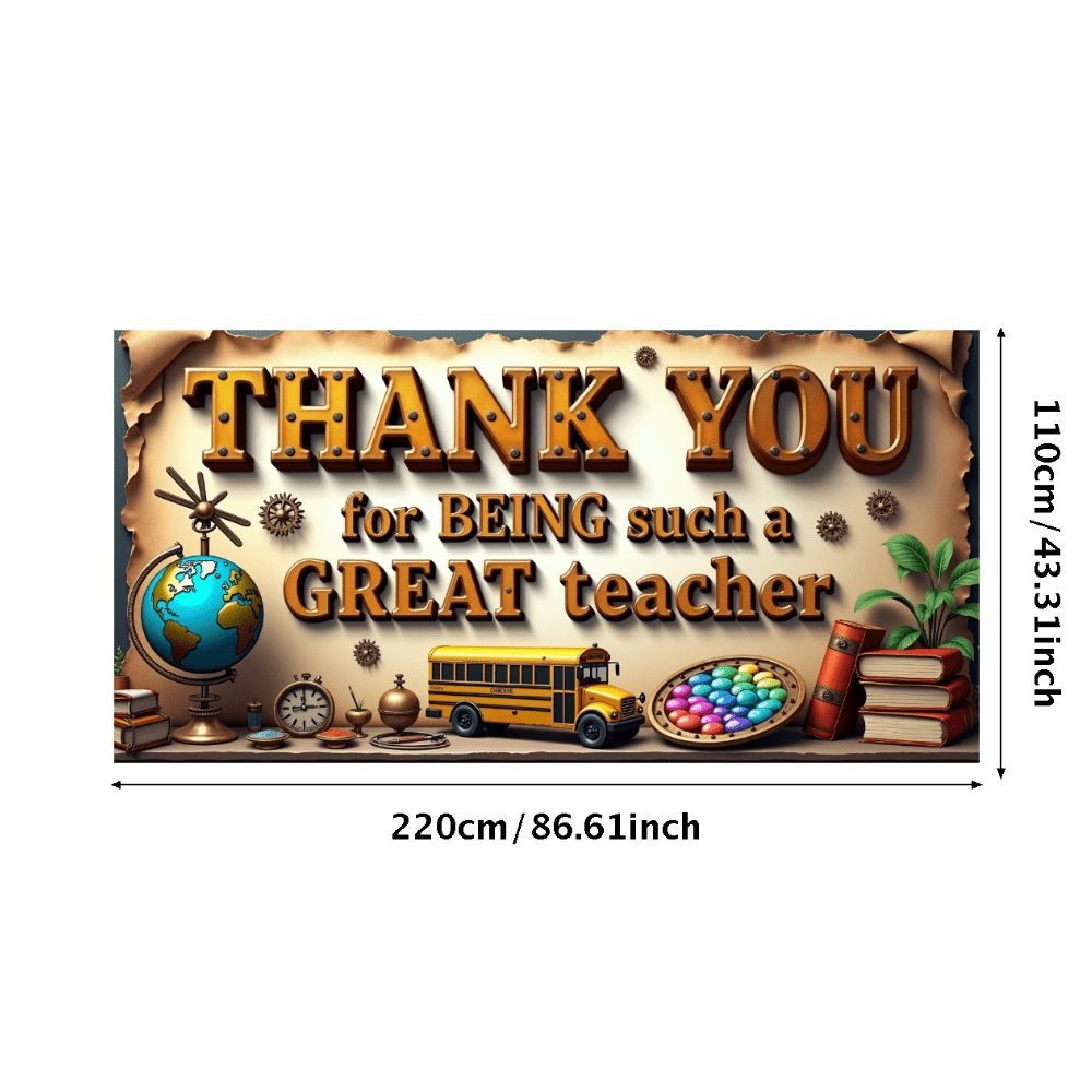 Colorful Thank You Teacher Banner with Book Globe Bus Balloon Elements ...