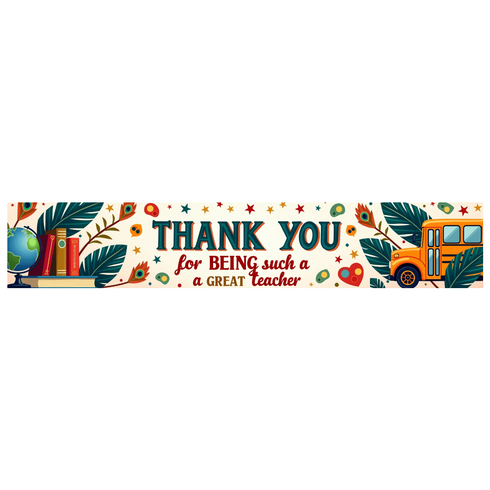 Colorful Thank You Teacher Banner with Book Globe Bus Balloon Elements ...