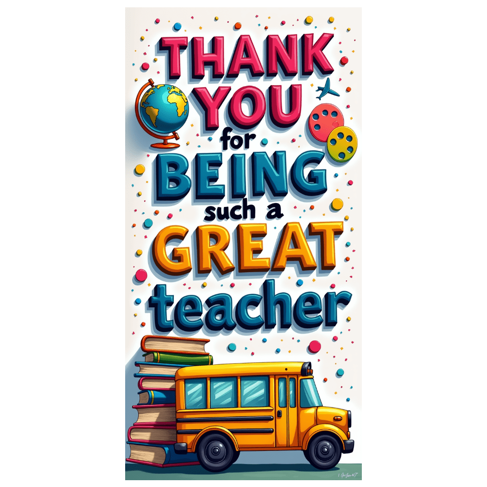 Colorful Thank You Teacher Banner with Books Balloons Globe and School ...