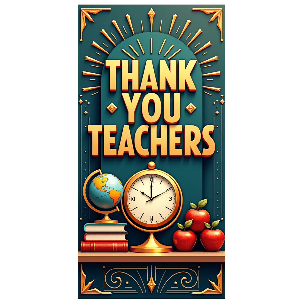 Colorful Thank You Teachers Banner with Apple Book Clock Elements ...