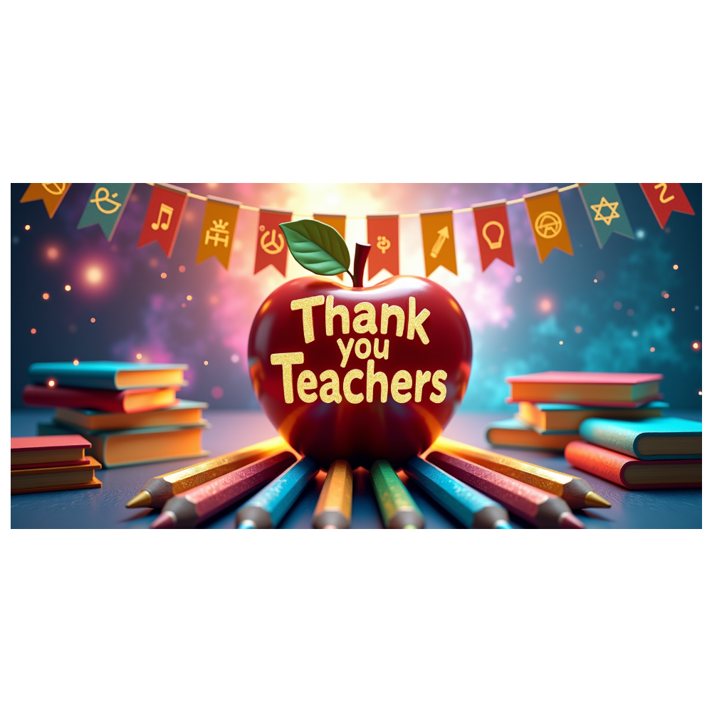 Colorful Thank You Teachers Banner with Apple Pencil and Book Elements ...
