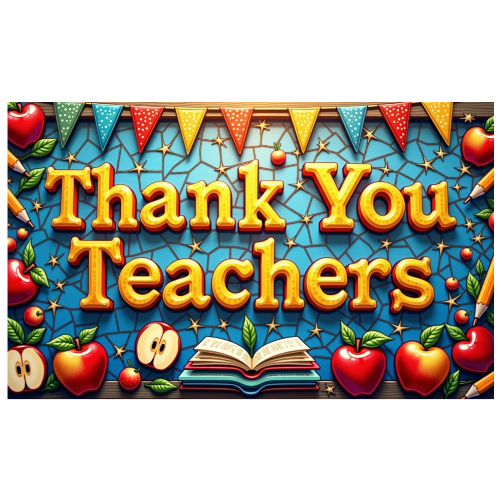 Colorful Thank You Teachers Banner with Apple Pencil and Book Elements ...