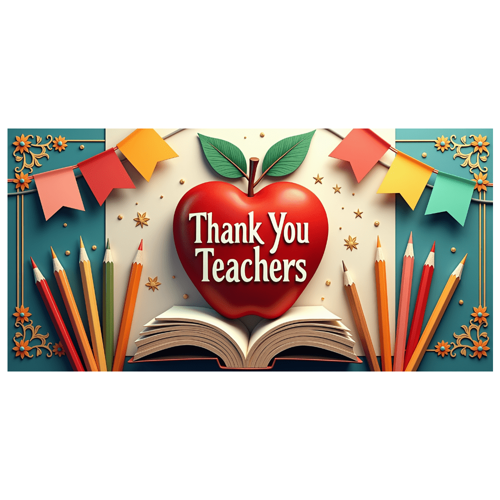 Colorful Thank You Teachers Banner with Apple Pencil and Book Elements ...