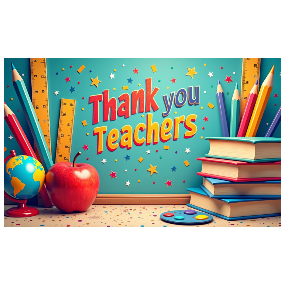 Colorful Thank You Teachers Banner with School Elements Backdrop for ...