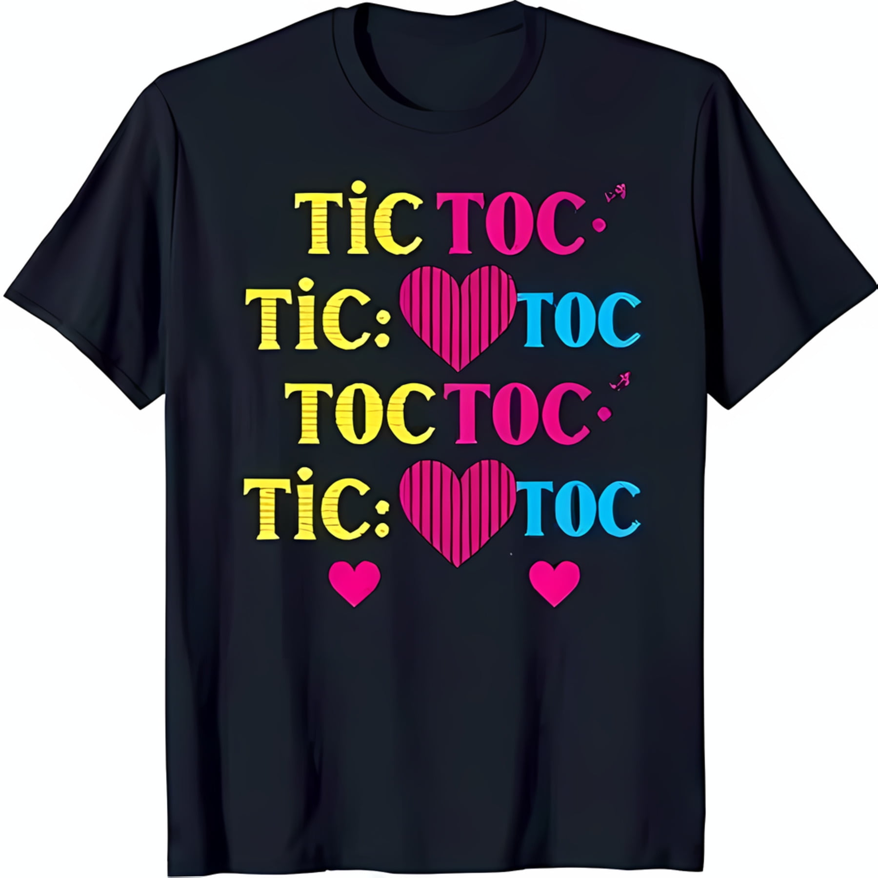 Colorful 'Tic Toc' Design Black T-Shirt with Heart Accents - Walmart.com