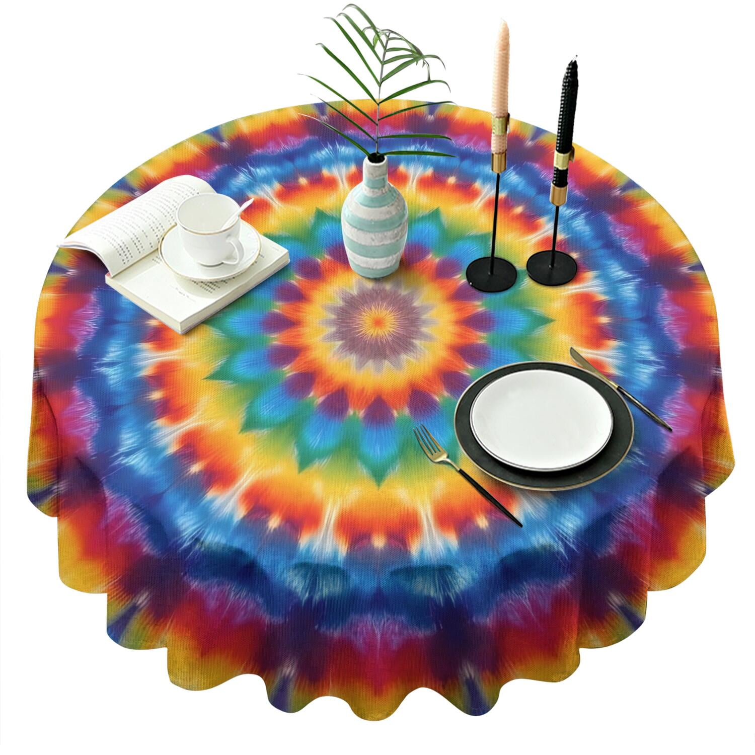 Colorful Tie Dye Floral Mandala Round Tablecloth 60"x60",Wrinkle ...