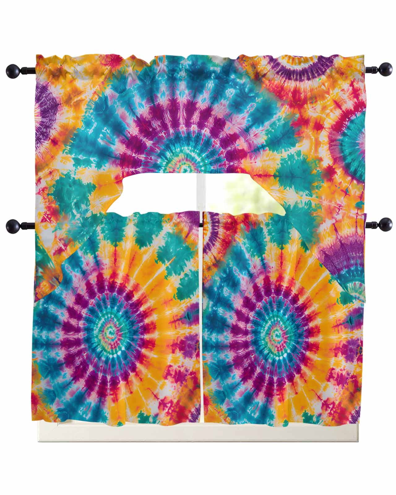Colorful Tie-Dye Kitchen Curtain and Valance Set 3 Pieces,Rod Pocket ...