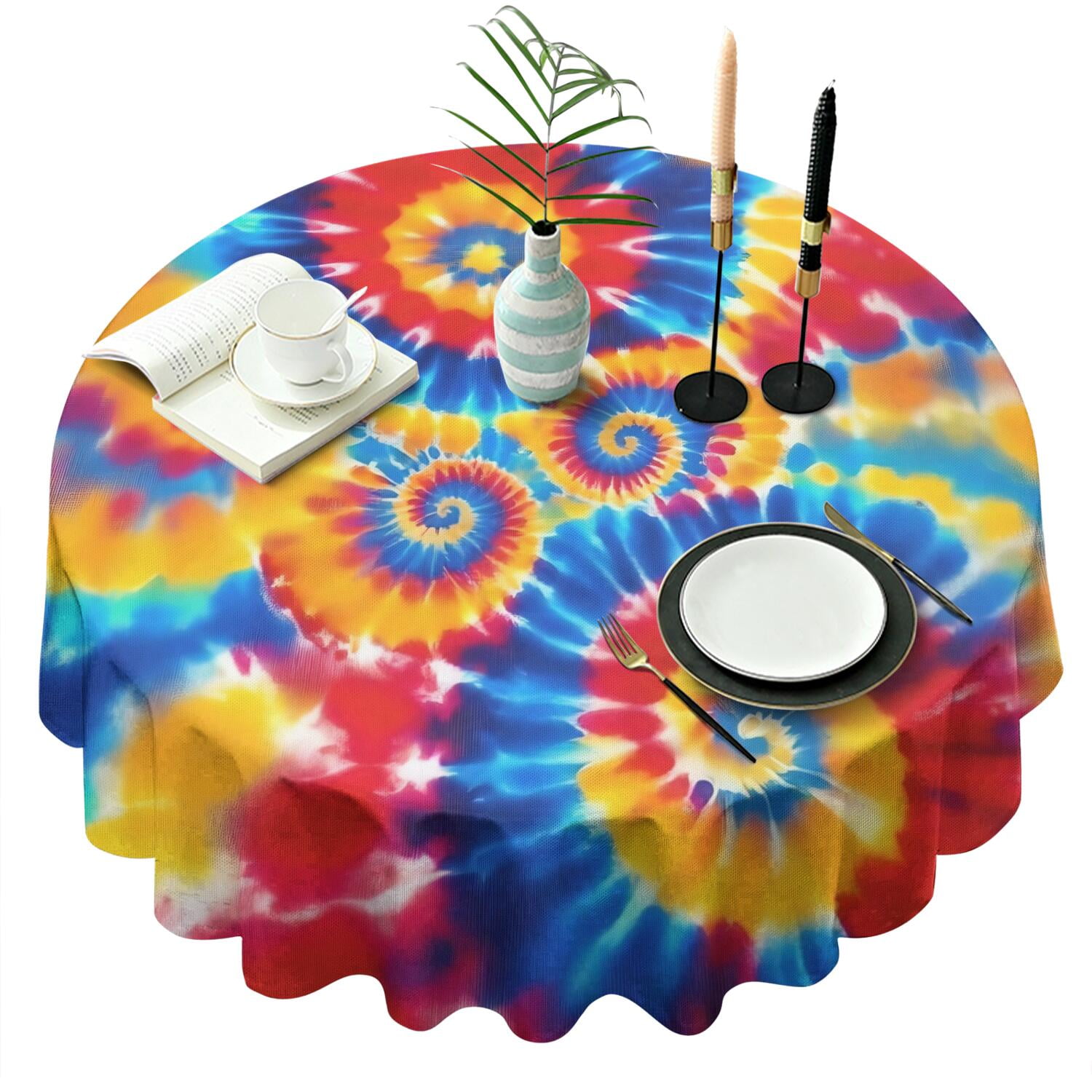 Colorful Tie Dye Multi Spiral Pattern Round Tablecloth 60"x60",Wrinkle ...
