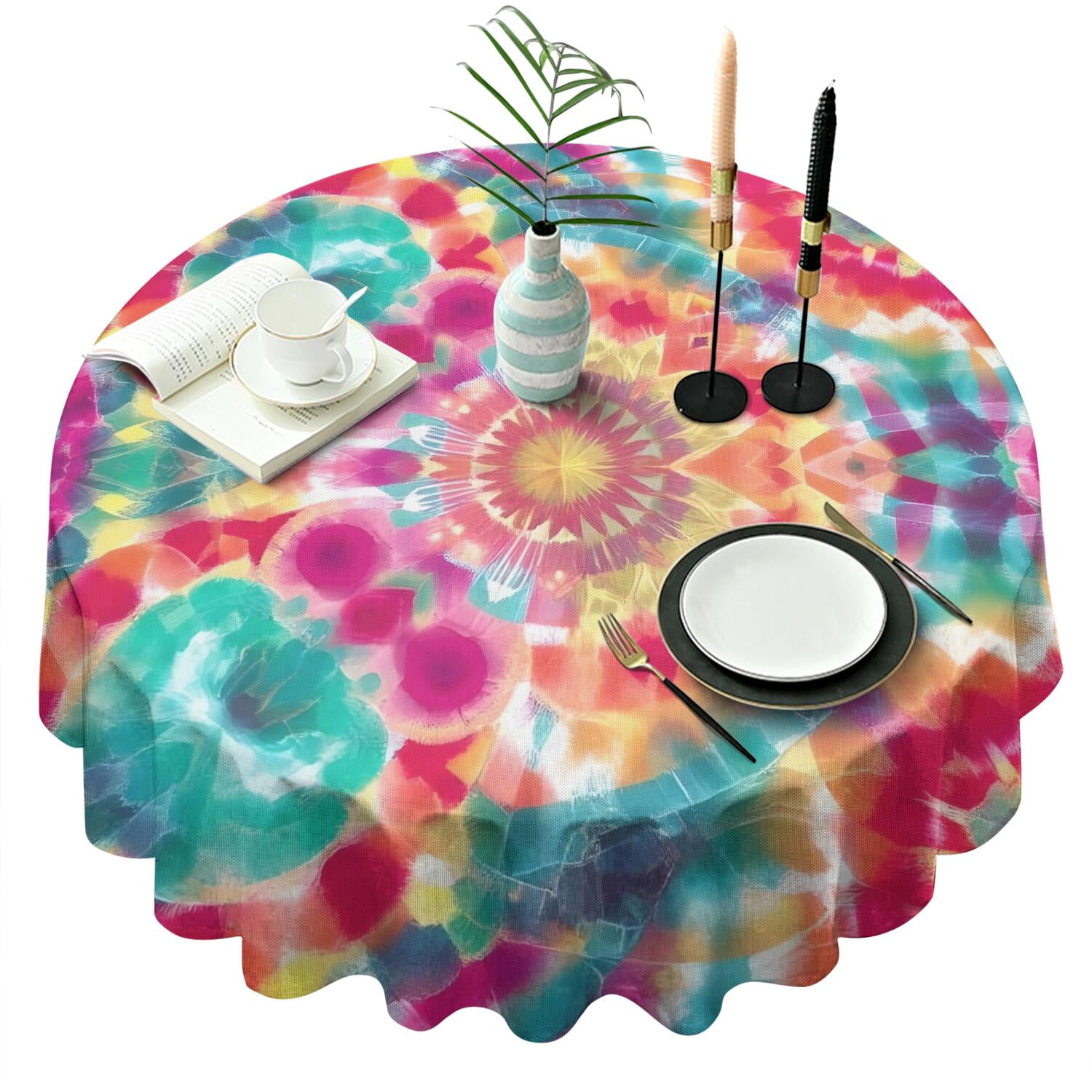 Colorful Tie Dye Pattern Round Tablecloth 60"x60",Wrinkle Wipeable ...