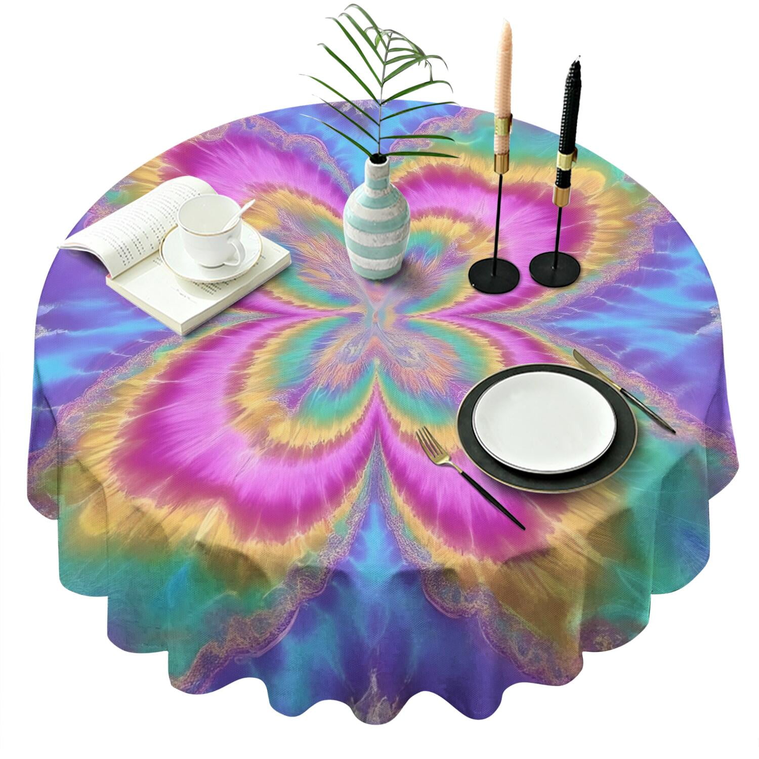 Colorful Tie Dye Pattern Round Tablecloth 60"x60",Wrinkle Wipeable ...