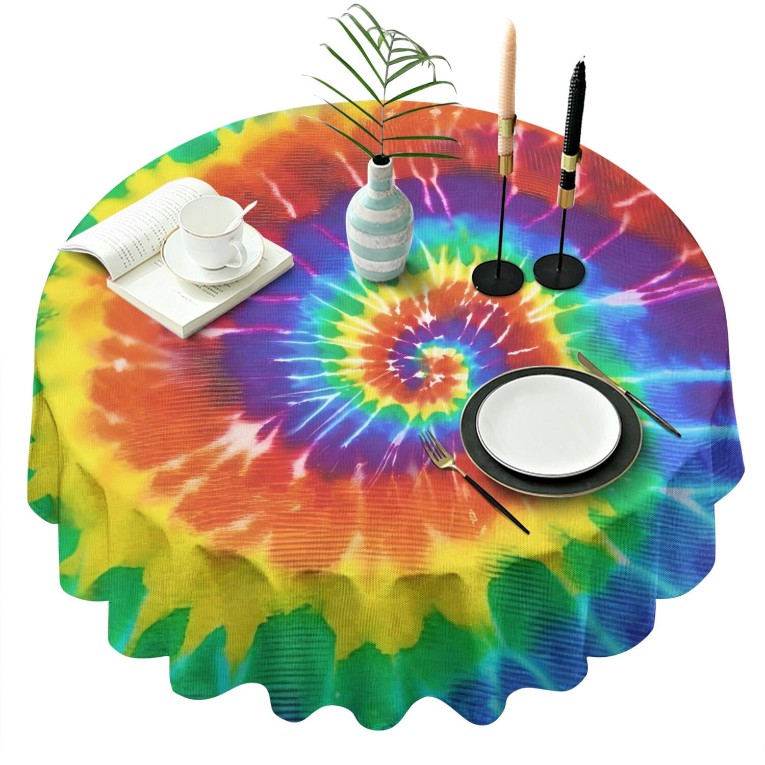 Colorful Tie Dye Pattern Round Tablecloth 60"x60",Wrinkle Wipeable ...