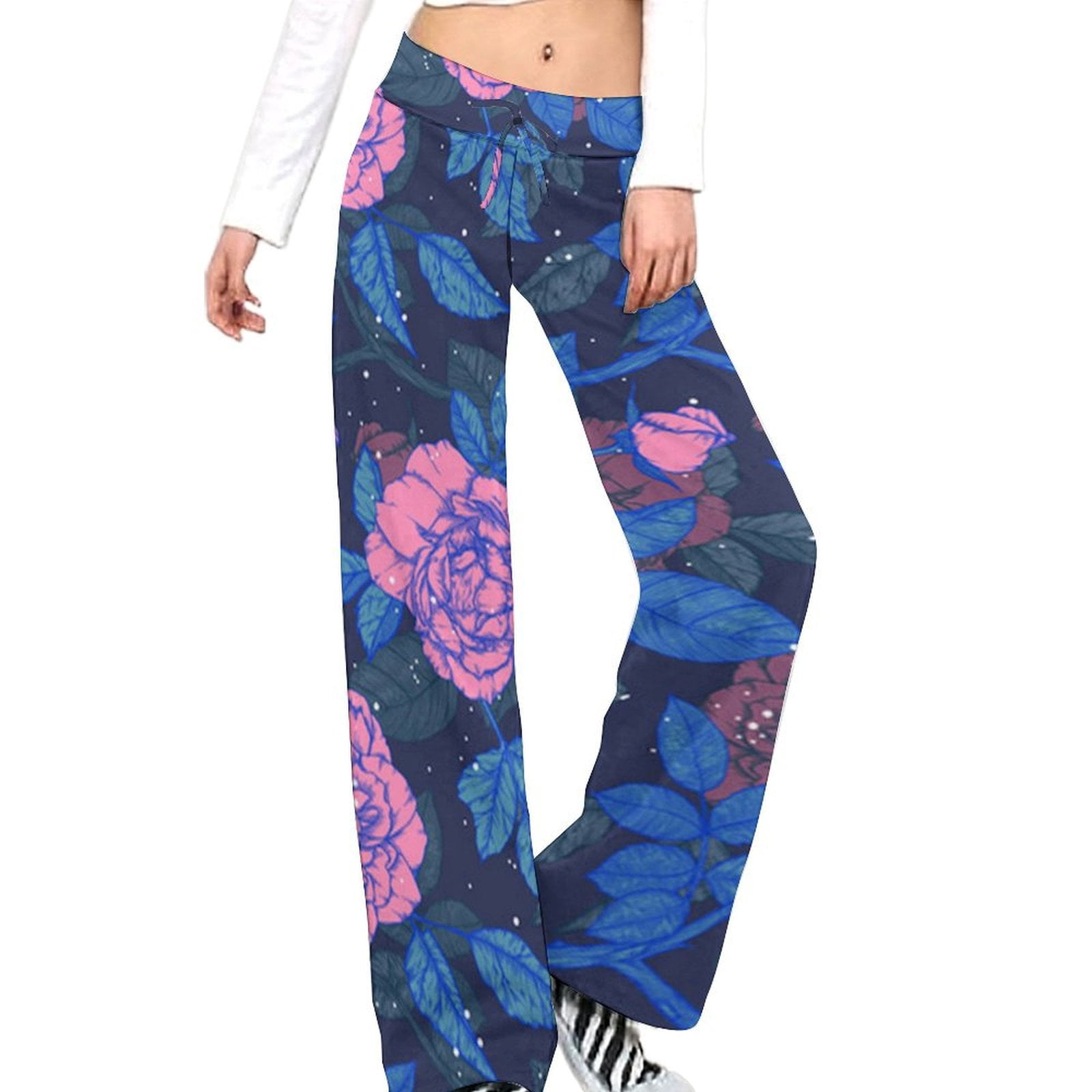 Pink Roses Blue Leaves Dark Background Summer Outfits Flowy Palazzo ...