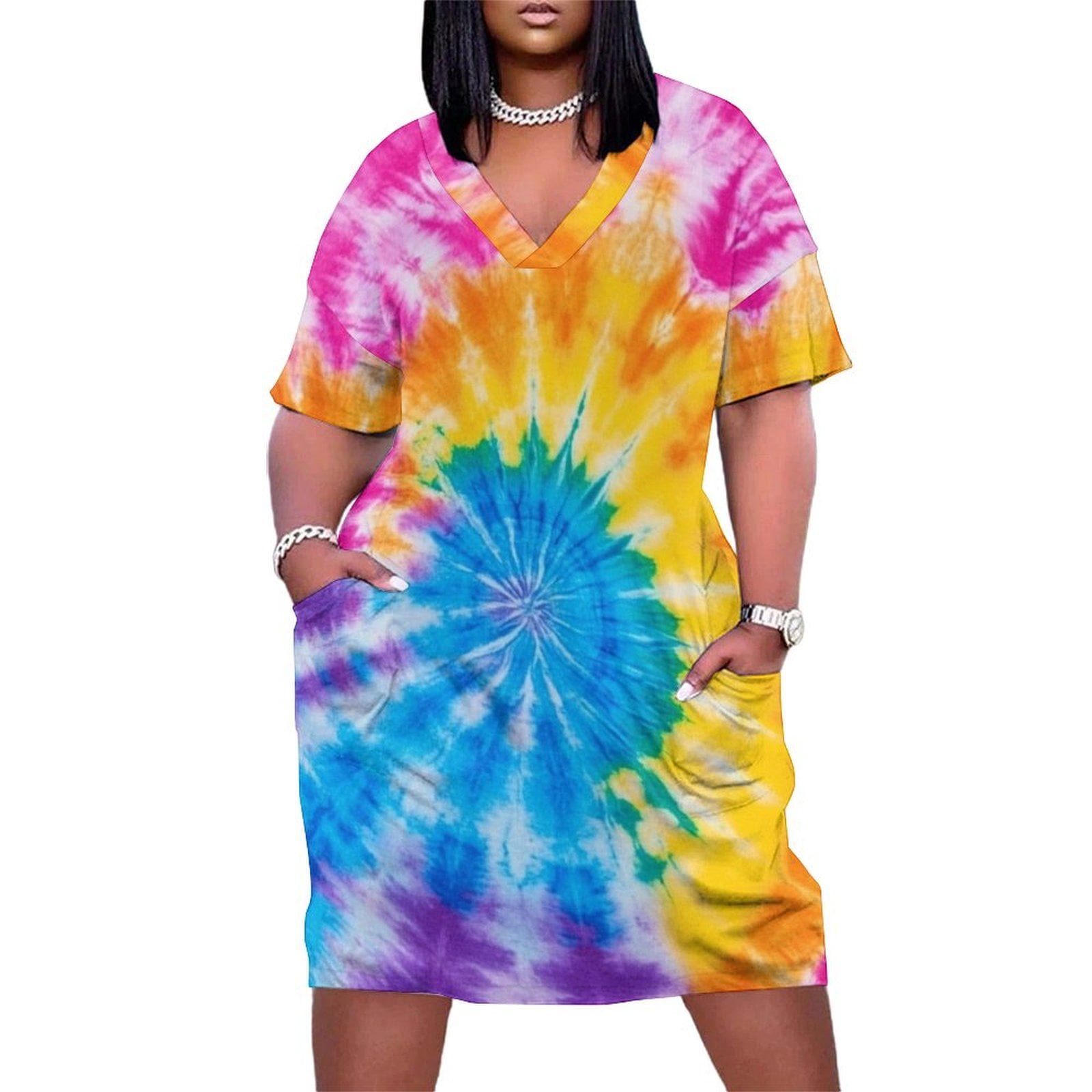 Colorful Tie Dye Vortex Summer Sundress for Curve Women Casual Pattern ...