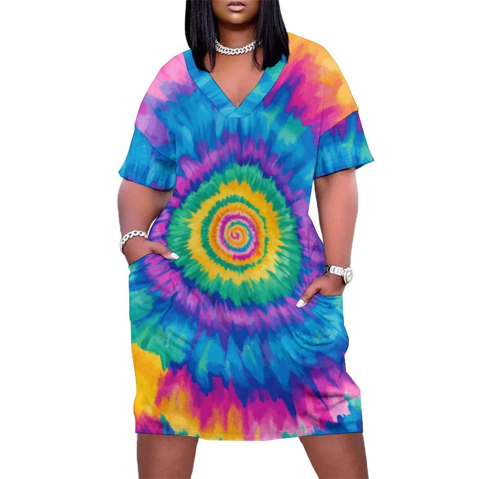 Colorful Tie Dye Vortex Summer Sundress for Curve Women Casual Pattern ...