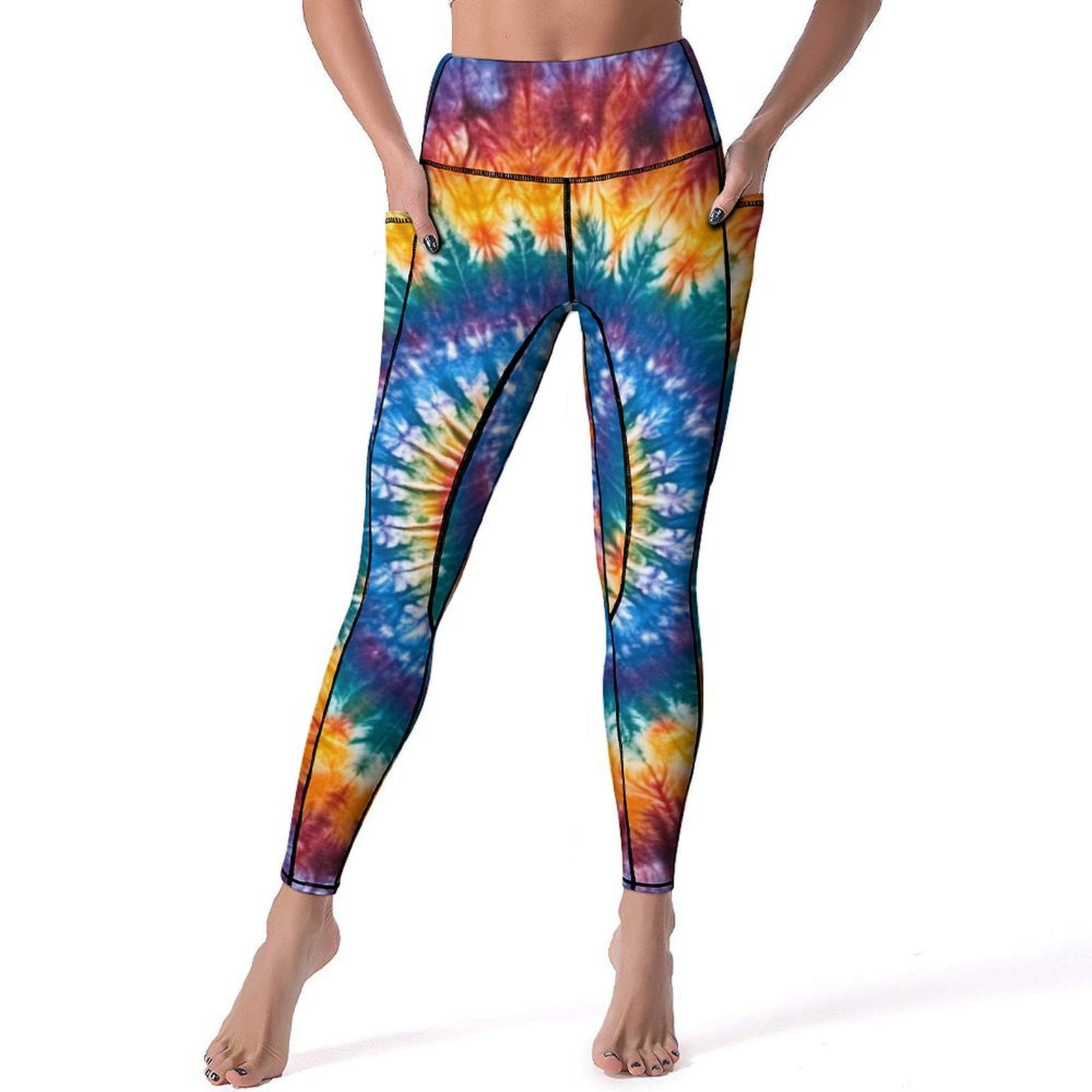 Colorful Tie Dye Vortex Women's High Waisted Yoga Pants with Pockets, Tummy Control Non See ...