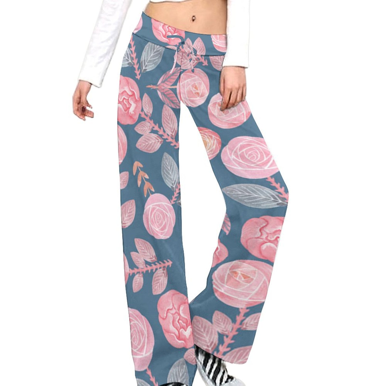 Pink Roses Blue Floral Pattern Summer Outfits Flowy Palazzo Pants for ...