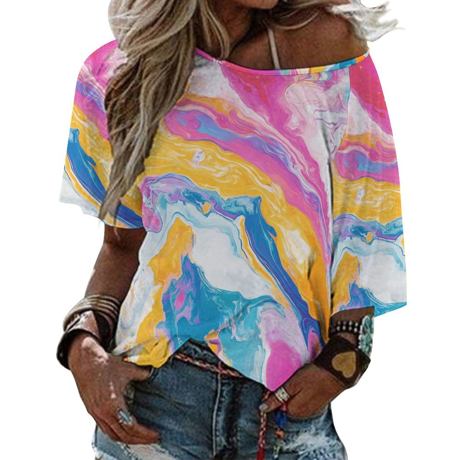 Colorful Tie Dye Vortex Womens Casual Crew Neck Short Sleeve Pleated ...